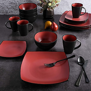 Gibson Soho Lounge Square Reactive Glaze Stoneware Dinnerware Set, Service for 4 (16pc), Matte Red