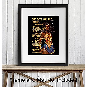 African American Woman - African American Wall Art for Girls - God Says You Are - Christian Wall Decor - Bible Verses - Black Wall Art - Religious Gifts for Women - Inspirational Motivational Unframed