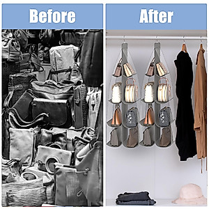 Fixwal Purse Organizer for Closet, 2 Pack 8 Pockets Hanging Purse Handbag Organizer Bag Collection Storage Holder, Closet Organizers and Storage, Metal Hooks, Grey