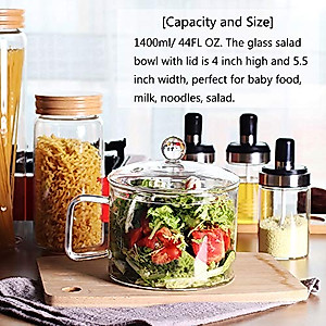 Mini Sized Glass Bowl with Lid and Handle, 44 FL OZ/1.4L for Noodles, Pasta, Soup, Cereals, Fruits, BPA Free, Microwave Dishwasher Oven