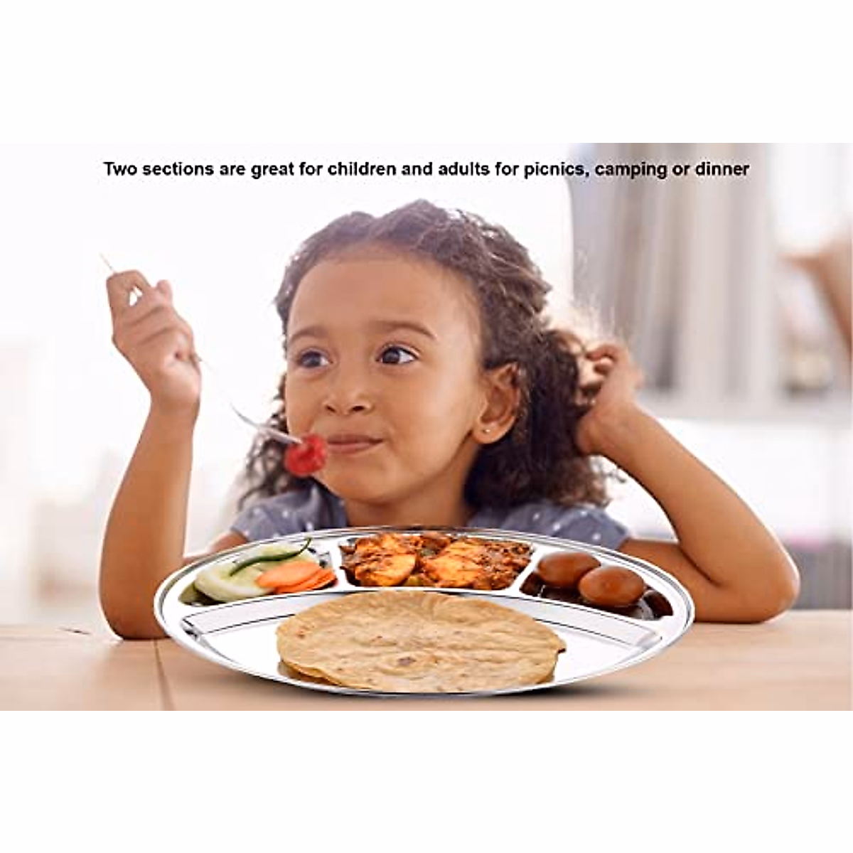 King International Stainless Steel Plates, Divided Indian Dinner Plate,Four Section Round Plates Set Of 4, 12'', Section Control Plate, Kids Plate, Indian Thali Plate