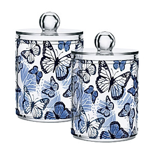 SDMKA 2 Pack Apothecary Jars Bathroom Blue Butterfly Qtip Holder Dispenser Clear Plastic Storage Canister Jar with Lid for Cotton Ball, Cotton Swab
