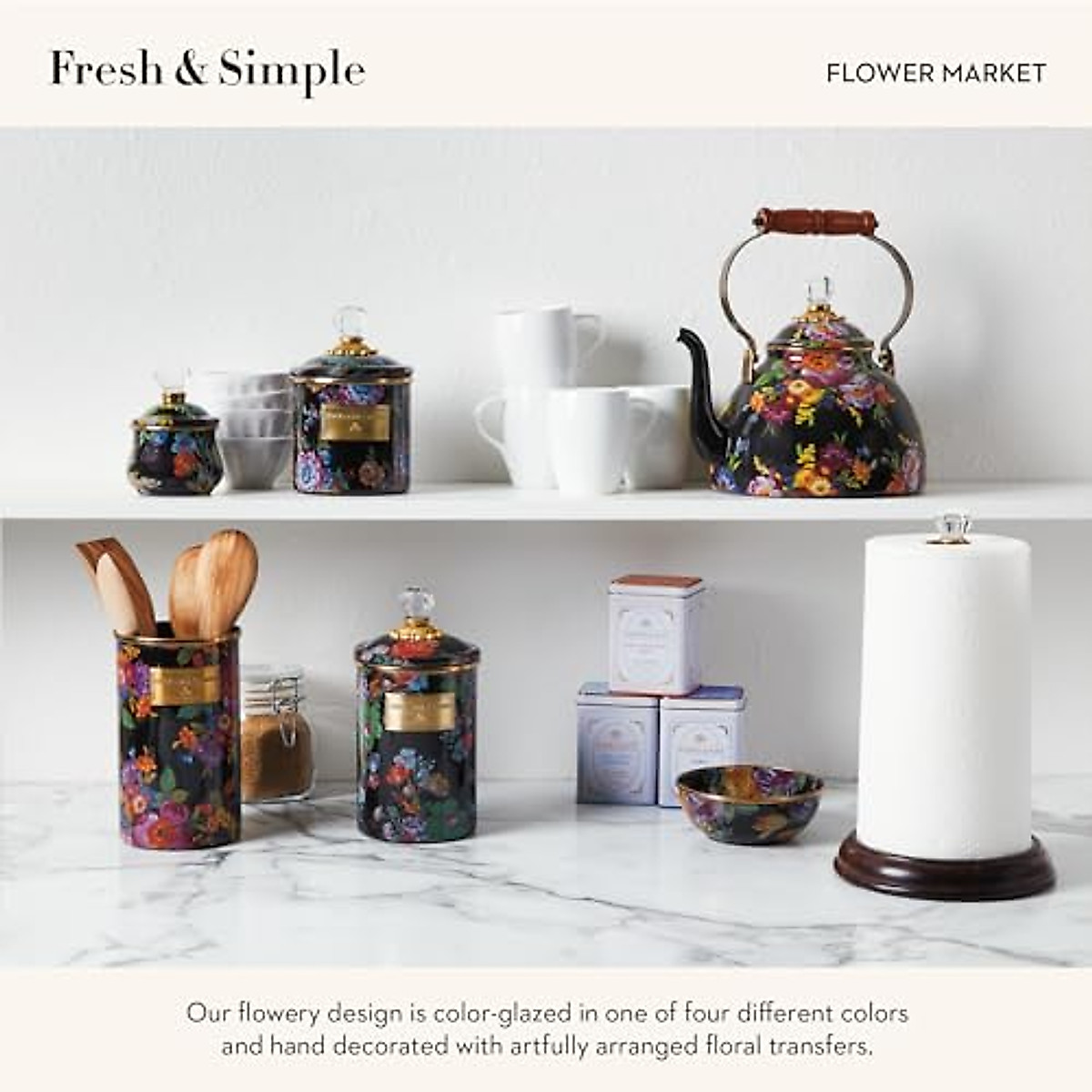 MACKENZIE-CHILDS Black Flower Market Enamel Canister, Floral Kitchen Storage Container with Lid, Small