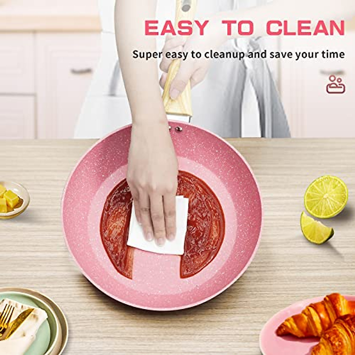 Frying Pan Nonstick, 8 Inch Pink Egg Pan, Non Stick Fry Pan 100% PTFE PFOA-Free Omelet Pan, Toxin-Free Skillets Stone Cookware, Anti-Warp Base with All Stove Tops Available, Induction Compatible