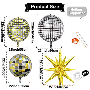 9 Pieces 22 Inches Silver Gold Disco Ball Balloons & 27 Inches Gold Stars Balloons, Large Foil Mylar Balloon for 70s Disco Dance Theme Decorations Birthday Wedding Graduation Party Supplies