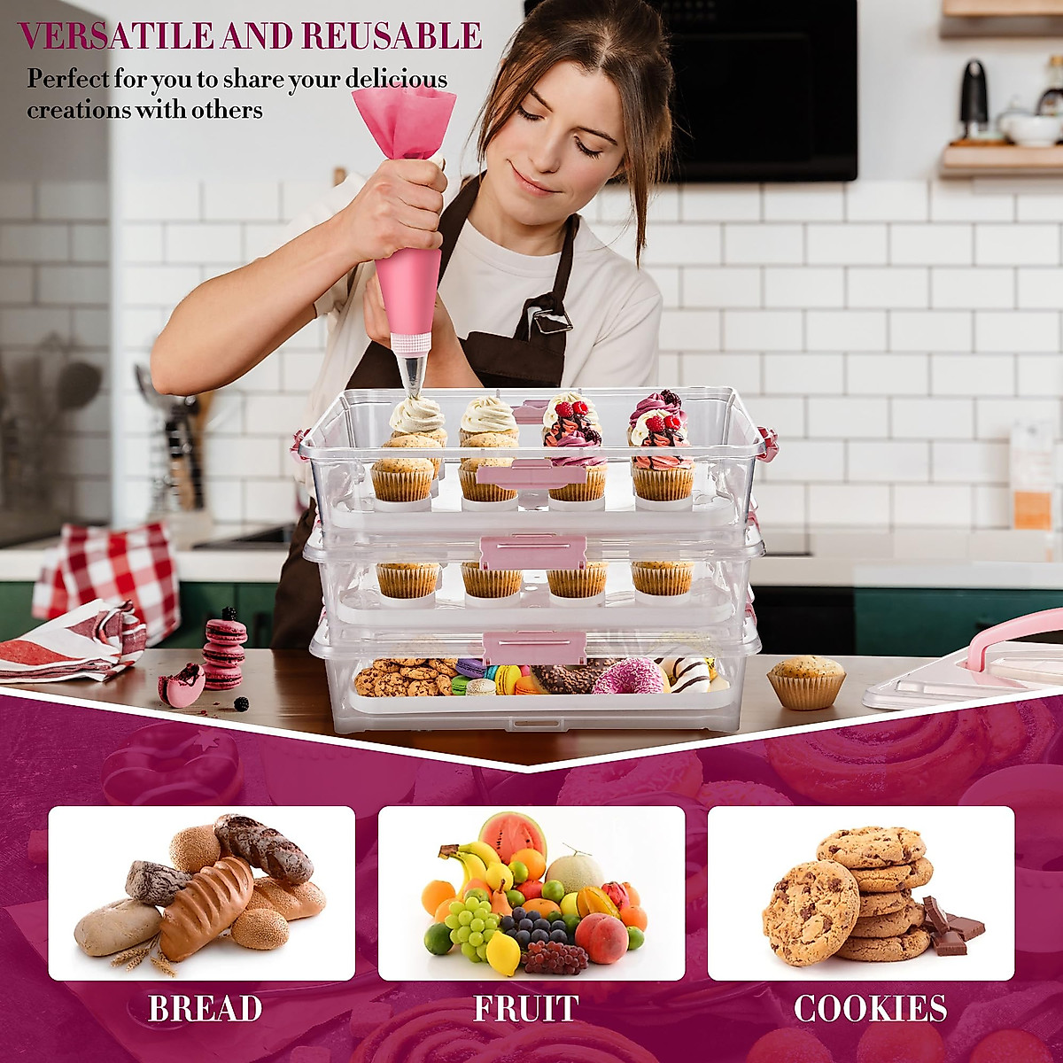 ARC 3-tiers Cupcake Carrier (Pink) - Cupcake Holder and Cake Transport Container that Holds up to 36 Cupcakes or 3 Large Cakes - BPA-Free, Great for Parties & Festivals