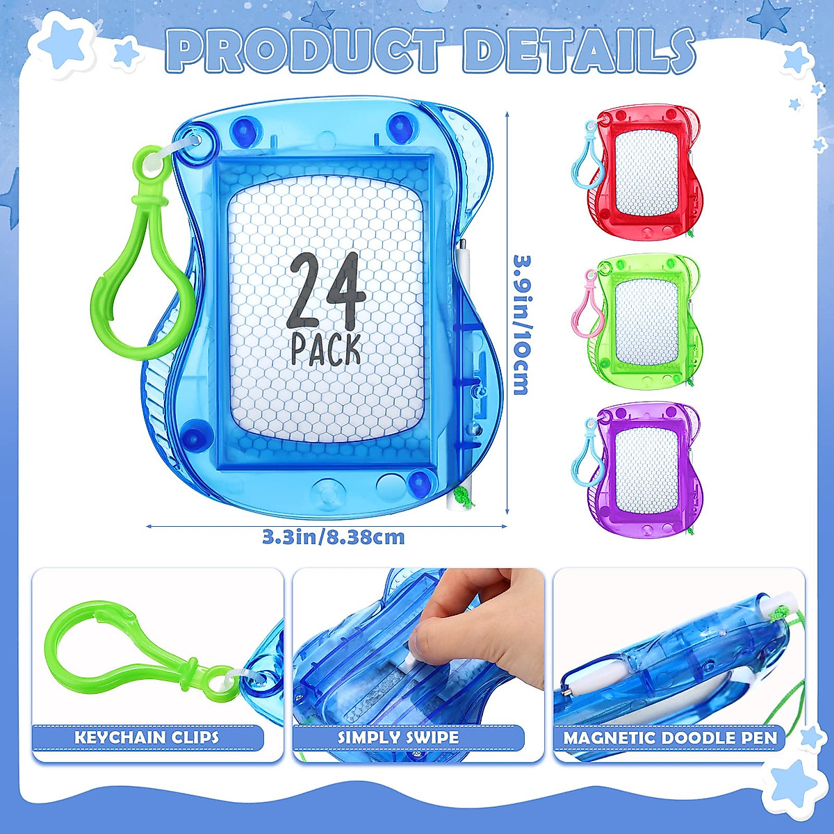 24 Pieces Mini Magnetic Drawing Board for Kids Backpack Keychain Clip Erasable Mini Doodle Boards Toys for Party Colorful Writing Sketch and Painting Pad Set for Classroom Rewards Party Supplies