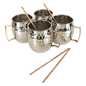 JYPR Complete Moscow Mule Mugs 8pc Set - Large 18oz Hammered Steel Mugs with Gold Brass Handles - Includes 4X Copper Straws - Food Grade Safe Steel Interior