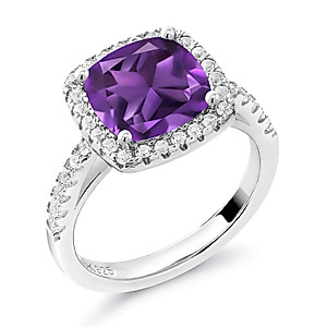 Gem Stone King 925 Sterling Silver Purple Amethyst and White Created Sapphire Engagement Ring For Women (2.60 Cttw, 8MM Cushion Cut, Gemstone Birthstone, Available in size 5, 6, 7, 8, 9)