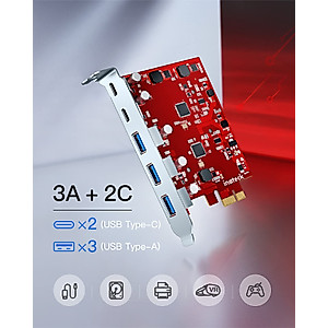 Inateck PCIe to USB 3.2 Gen 2 Extension Card with 5 Ports 8 Gbps Bandwidth,No External Power Source Required, RedComets U25
