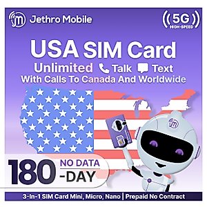 Jethro Mobile Unlimited Talk & Text Plan (No Internet Data), Suitable for Seniors, Kids, Students and Dumb Phones, 3-in-1 SIM Card Kit, Prepaid Phone Plan (180 Days)