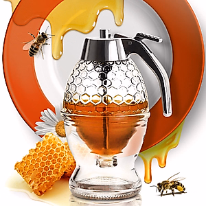 Glass Honey Dispenser – No Drips, No Trails – CLEVLI Honey Dispenser 8 Oz with Stand – Honey Pot – Honey Jar Glass – Easy-to-clean Glass – Honey Dispenser With Honeycomb Design and Stand