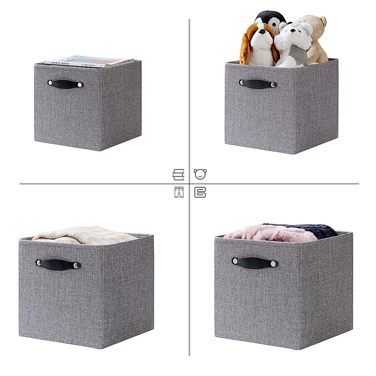 FABINADO Thickened Storage Cubes, 13x15 Inch Foldable Storage Cuby Bin with Dual Handles for Kallax, Gray, 4 Pack