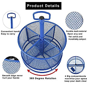 Marbrasse Mesh Desk Organizer, 360-Degree Rotating Multi-Functional Pen Holder, 4 Compartments Desktop Stationary Organizer, Home Office Art Supply Storage Box Caddy (Blue)