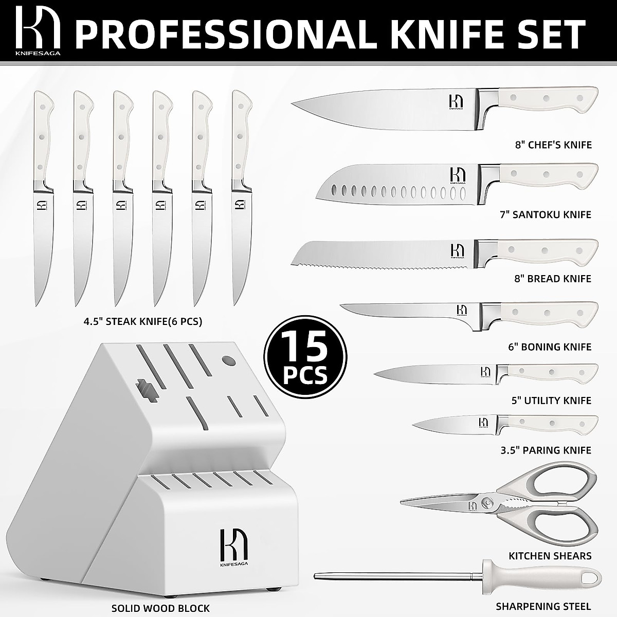 KnifeSaga Knife Block Set, 15 Pcs Kitchen Knife Set, Enduring Razor-Sharp Japanese High Carbon Stainless Steel Knife Set with Block, Premium Forged Knife Set for Kitchen and Professional Chefs, White