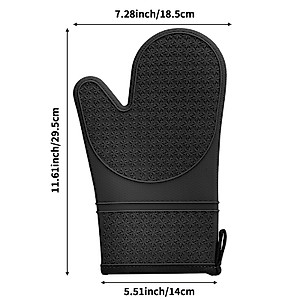 Hovico Silicone Oven Mitts, Oven Gloves with Non-Slip Waterproof - 2PCS Black Oven Mittens Heat Resistant 600 Degree, Soft Lining Silicone Oven Mits for Cooking Baking Kitchen Mitten