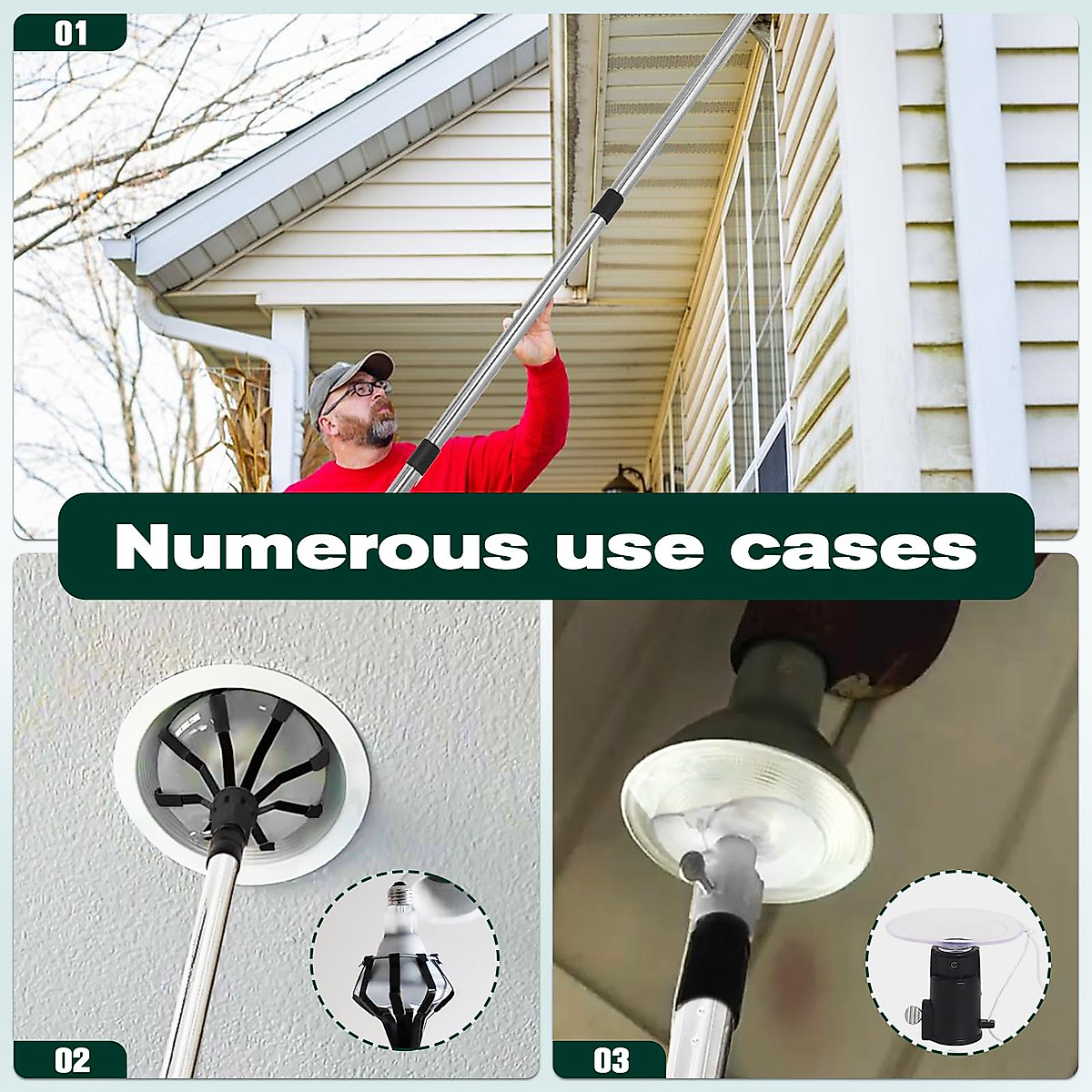 12FT Light Bulb Changer for High Ceilings and Recessed Lights, Light Bulb Extension Pole Changer for High Ceilings, Light Bulb Removal Tool with Baskets and Suction Cup