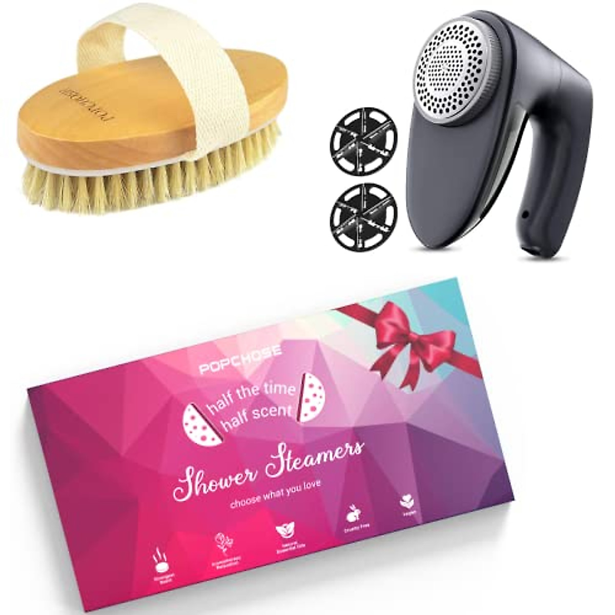 POPCHOSE Shower Steamers Aromatherapy - Dry Brushing Body Brush POPCHOSE Fabric Shaver, Rechargeable Lint Remover with 6-Blades Stocking Stuffers Christmas Gifts for Women and Mom