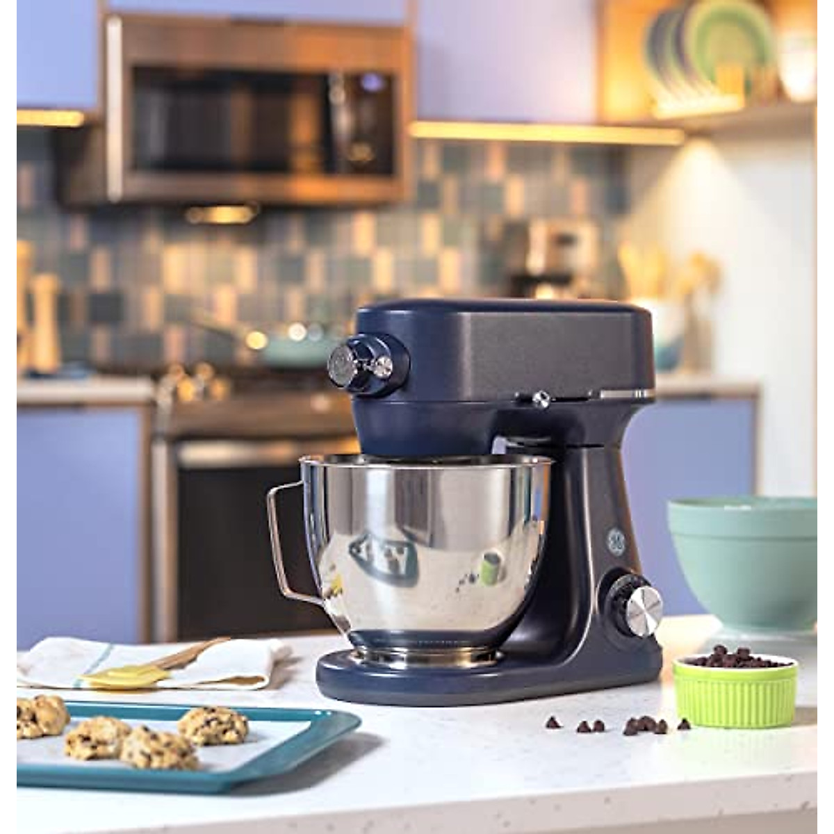 GE Tilt-Head Electric Stand Mixer | 7-Speed, 350-Watt Motor | Includes 5.3-Quart Bowl, Flat Beater, Dough Hook, Wire Whisk & Pouring Shield | Countertop Kitchen Essentials | Sapphire Blue