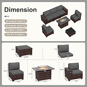 Amopatio Outdoor Patio Furniture Sets, 7 Pieces Brown Wicker Patio Sectional Couch with Glass Top Table and Waterproof Covers, Outdoor Sofa Fit Backyard Poolside, Grey Cushion