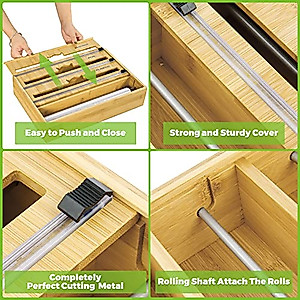 Himimi Foil and Plastic Wrap Organizer with Cutter for Drawer, Aluminum Foil, Saran Wrap,Wax Bamboo Dispenser for Kitchen Organization and Storage Foil and Plastic Wrap for 13" Roll (Natural)