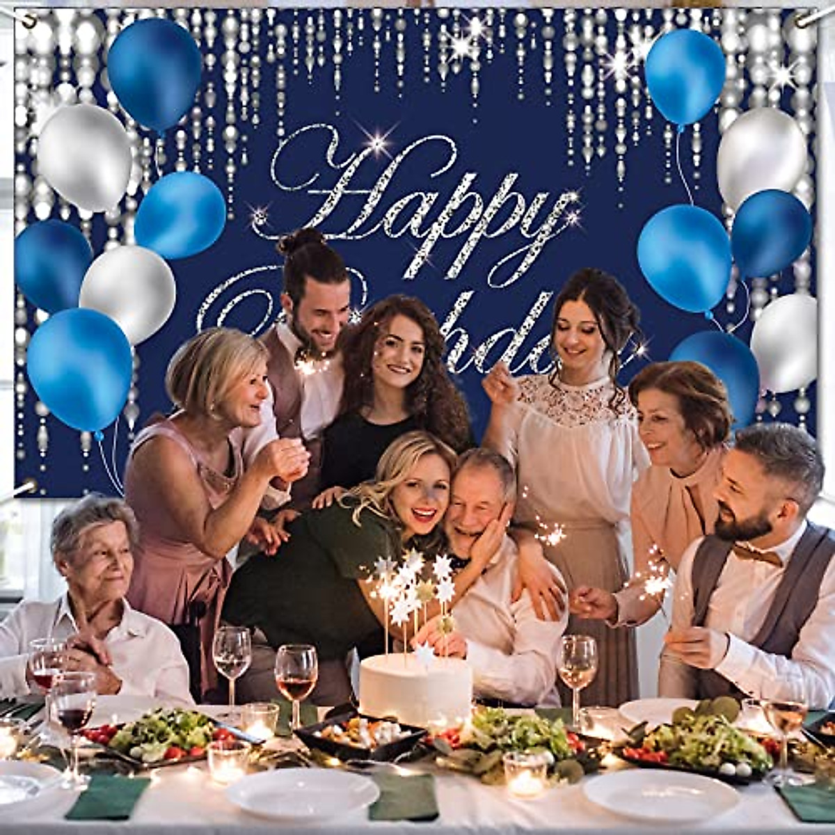 Blue Silver Happy Birthday Decorations Blue Birthday Banner Backdrop Large Happy Birthday Backgroud Birthday Backdrop Baby Shower Party Indoor Outdoor Decorations Supplies for Men Women Boys Girls