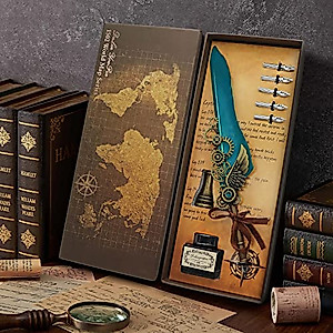 Jubapoz Feather Pen Calligraphy Pen and Ink Set Antique Quill Pen Refillable Ink Dip Pens for Writing, Drawing, Signature, Wedding, Birthday Gifts, Retro Decoration (Green)