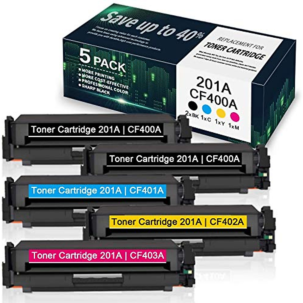 5 Pack(2BK/1C/1Y/1M) 201A CF400A CF401A CF402A CF403A Toner Cartridge Replacement for HP Color Laserjet Pro MFP M277n M277dw M277c6 M274n Pro M252dw M252n - by VaserInk