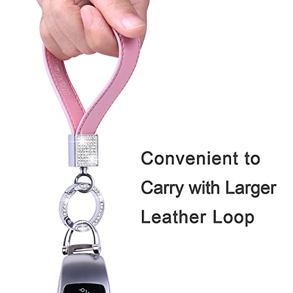 Wisdompro Bling Leather Car Keychain, Universal Genuine Leather Car Keys Keychain Key FOB Keychain, Key Chains Women for Car Keys with Anti-lost D-ring and 2 Keyrings - Pink