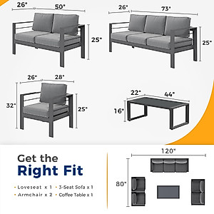 Solaste Aluminum Patio Furniture Set,5 Pieces Modern Outdoor Conversation Set Sectional Sofa with Upgrade Cushion and Tempered Glass Table top Coffee Table,Grey