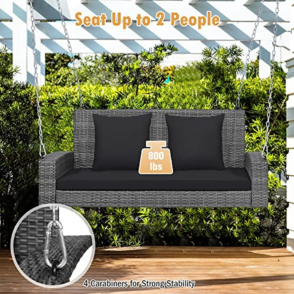 Tangkula 2 Person Wicker Hanging Porch Swing, Patiojoy Outdoor Rattan Swing with Soft Cushions and 2 Rustproof Steel Chains, 800 LBS Patio Swing Bench for Balcony, Garden and Yard (Black)