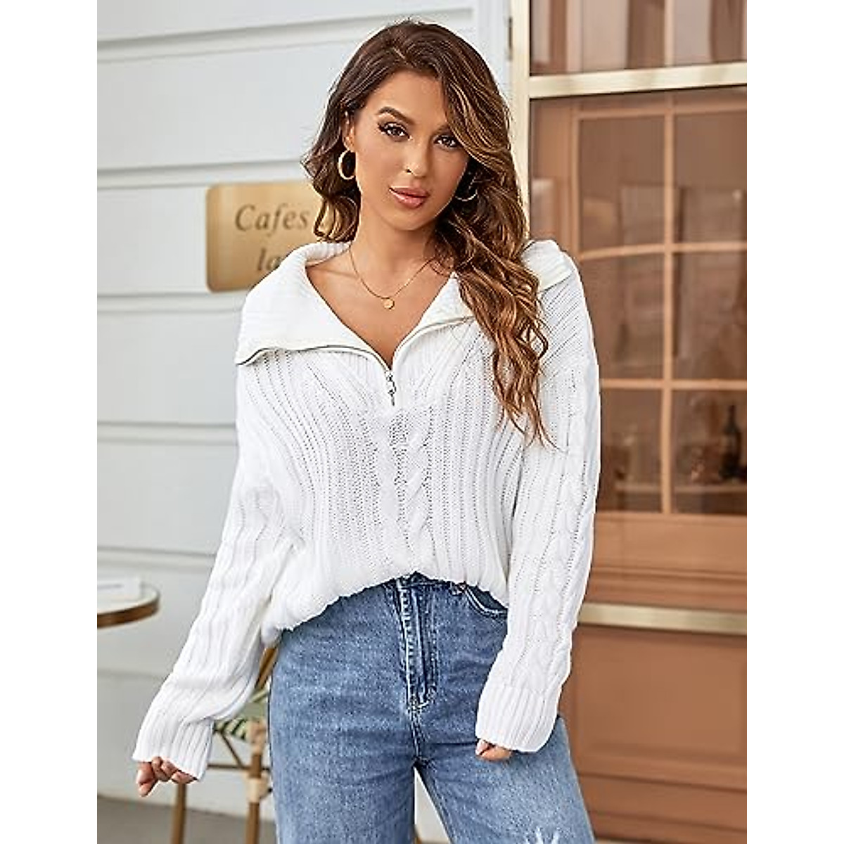 Blooming Jelly Women's Sweater Long Sleeve Quarter Zip Pullover Casual Loose Fit Cable Knit Tops（M,White）