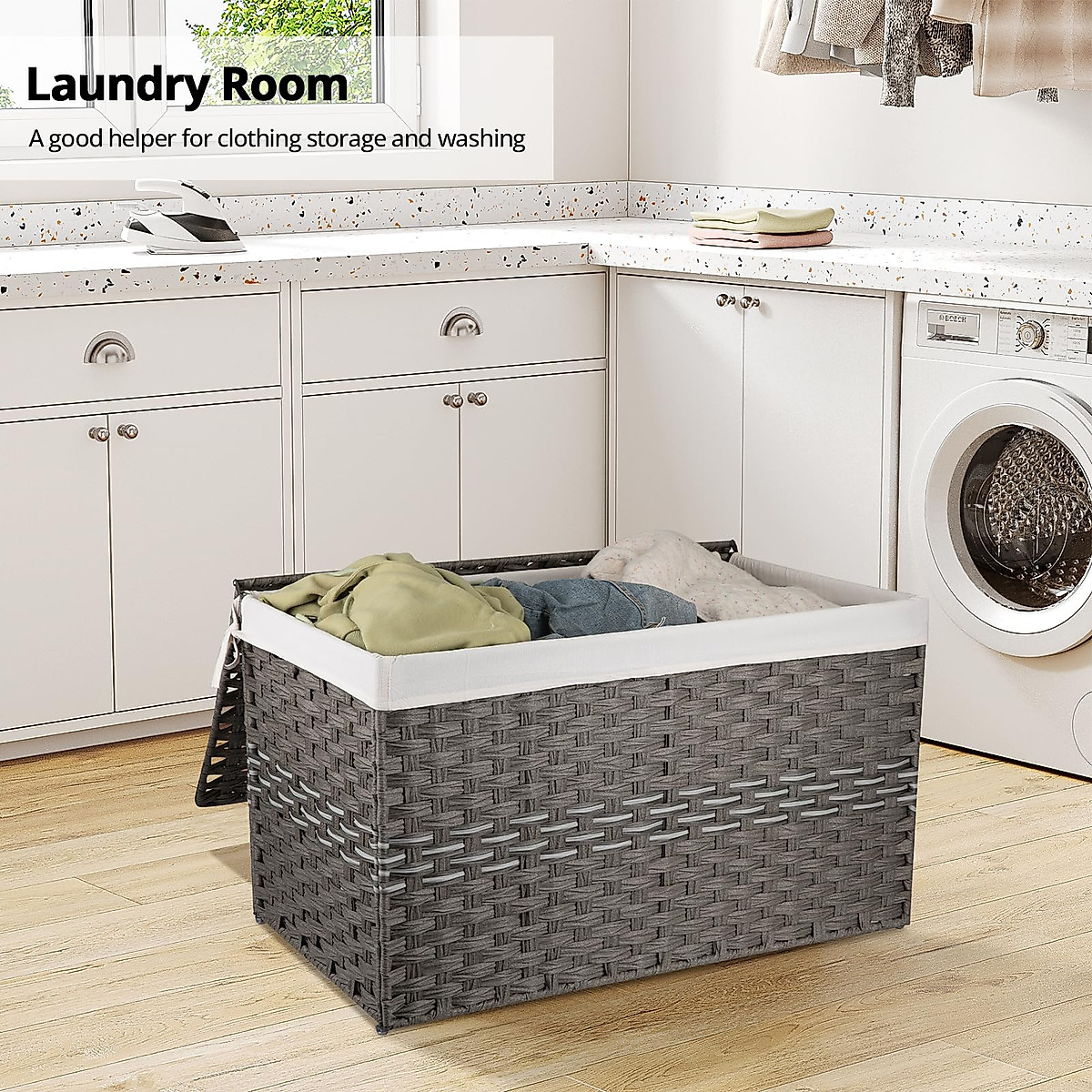 OIAHOMY Extra Large Storage Basket with Lid, 42.3 Gallon (160L) Blanket Basket with Removable Liner Bag, Wicker Basket with Handle, Foldable, Handwoven Basket for Bedroom, Living Room, Grey