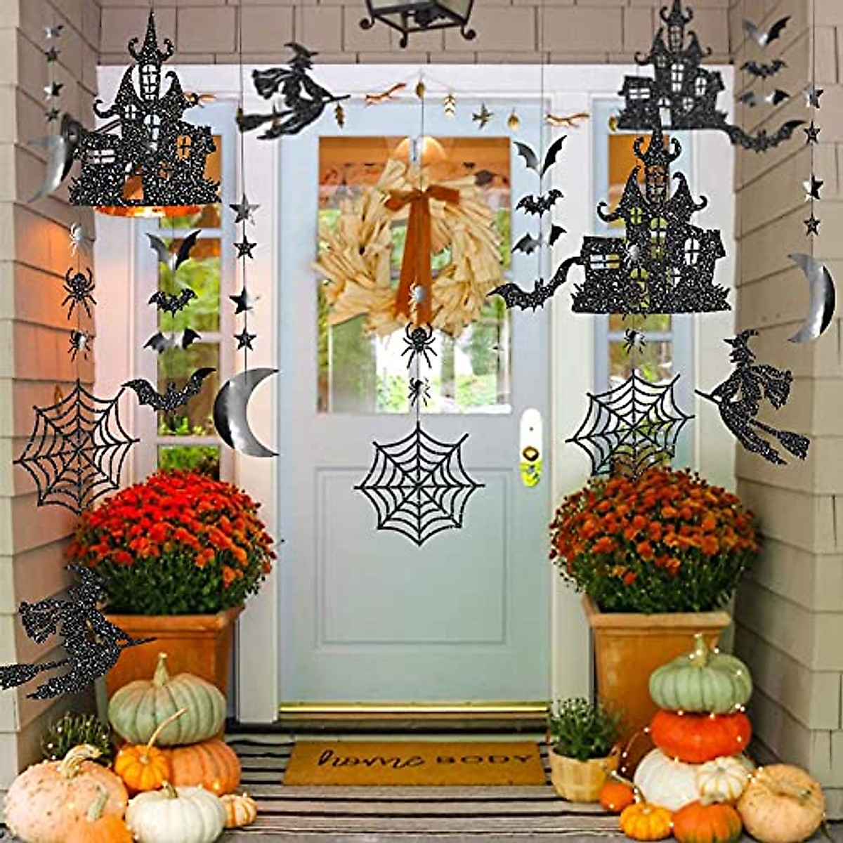 Glitter Black Halloween Party Decorations Gothic Birthday Garlands Hanging Witch Bat Spider Haunted House Star Moon Decor Streamers Backdrop Birthday Baby Shower Home Office Classroom Decor