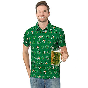 Men's Saint Patricks Day Polo Shirt Irish Shamrock Four Leaf Lucky Clover Short Sleeve Golf Top, Dark Green, Medium