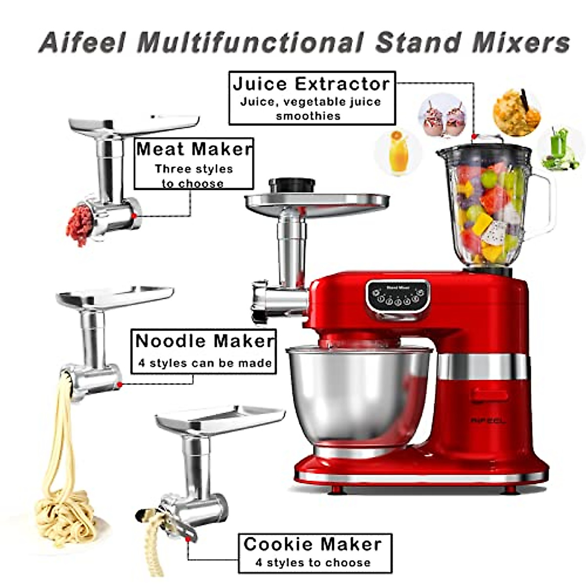 Stand Mixer, 8.5QT 8 in 1 Multifunctional Kitchen Electric Mixer with Dough Hook, Whisk, Beater,Meat Grinder, Blender, Pasta attachment, 5-Speed with LED Key (Red)