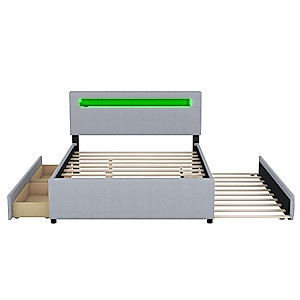 HAWWHOME Queen Size Upholstered Platform Bed with 2 Storage Drawers and Twin Trundle, LED Lights and USB Charging, Linen Queen Bed Frame with Headboard and Wood Slat Support, Gray