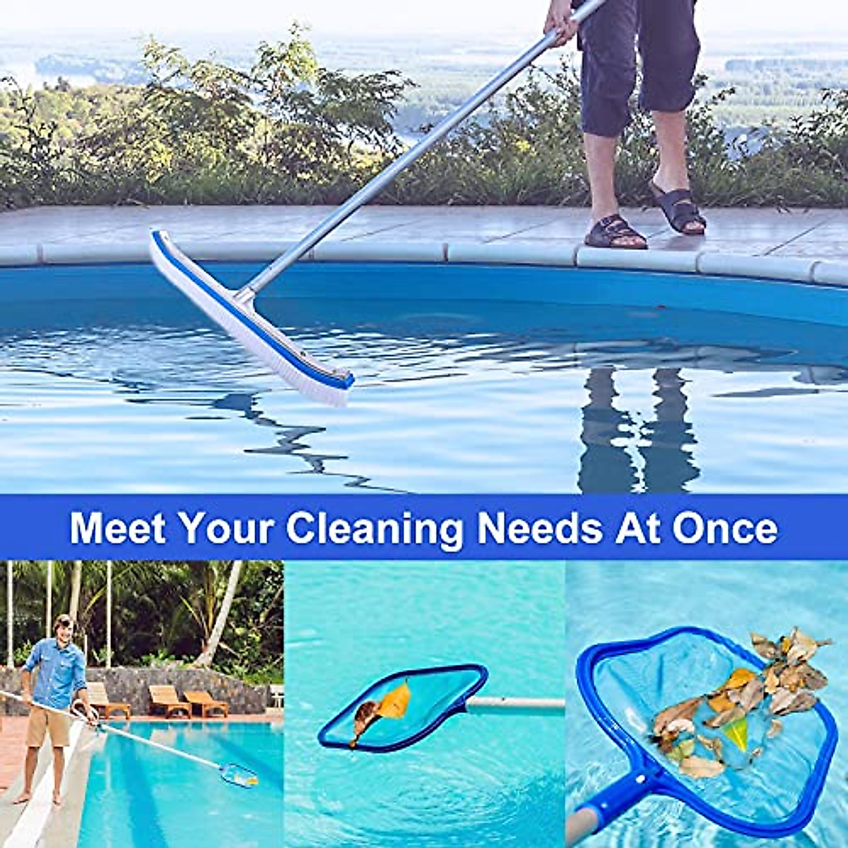 Swimming Pool Brush with Pool Skimmer Net Kit,17.5" Aluminum Pool Cleaning Brush with Nylon Pool Bristles, Heavy Duty Pool Fine Mesh Frame Net, Pool Cleaner Supplies(Pole not Included)