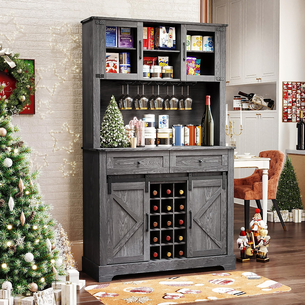 ARTPOWER Wine Bar Cabinet with Sliding Barn Door, 72" Hutch Cabinet with Wine&Glasses Rack, Tall Farmhouse Kitchen Pantry Buffet Cabinet with Drawers for Dining Room, Gray