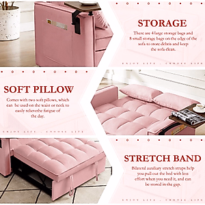 ROCKINGRUN 3 in 1 Velvet Pull Out Sofa Bed with Hidden Side Table, Convertible Loveseat Sleeper with 3 Speed Adjustable Backrest and Side Pockets, Tufted Futon Couch for Living Room Bedroom (Pink)