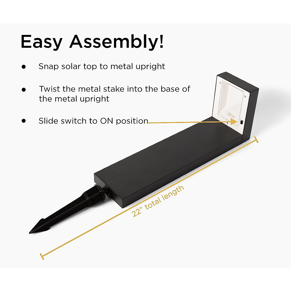 Enchanted Spaces Set of 2 Modern Solar Black Metal Outdoor L-Shaped Path Lights with Bright LED, Solid Metal Aluminum Groundstake