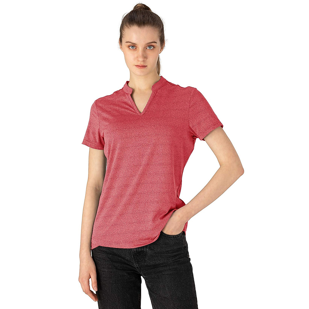 YSENTO Women's Dry Fit Golf Polo Shirts Short Sleeve V Neck Collarless Athletic Activewear Shirts Shirts Red S