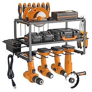 3-Tier Power Tool Organizer, Wall Mount Tool Holder with Charging Station, 4 Drill Holder Heavy Duty Metal Tool Shelf for Tool Storage Garage Workshop Tool Rooms