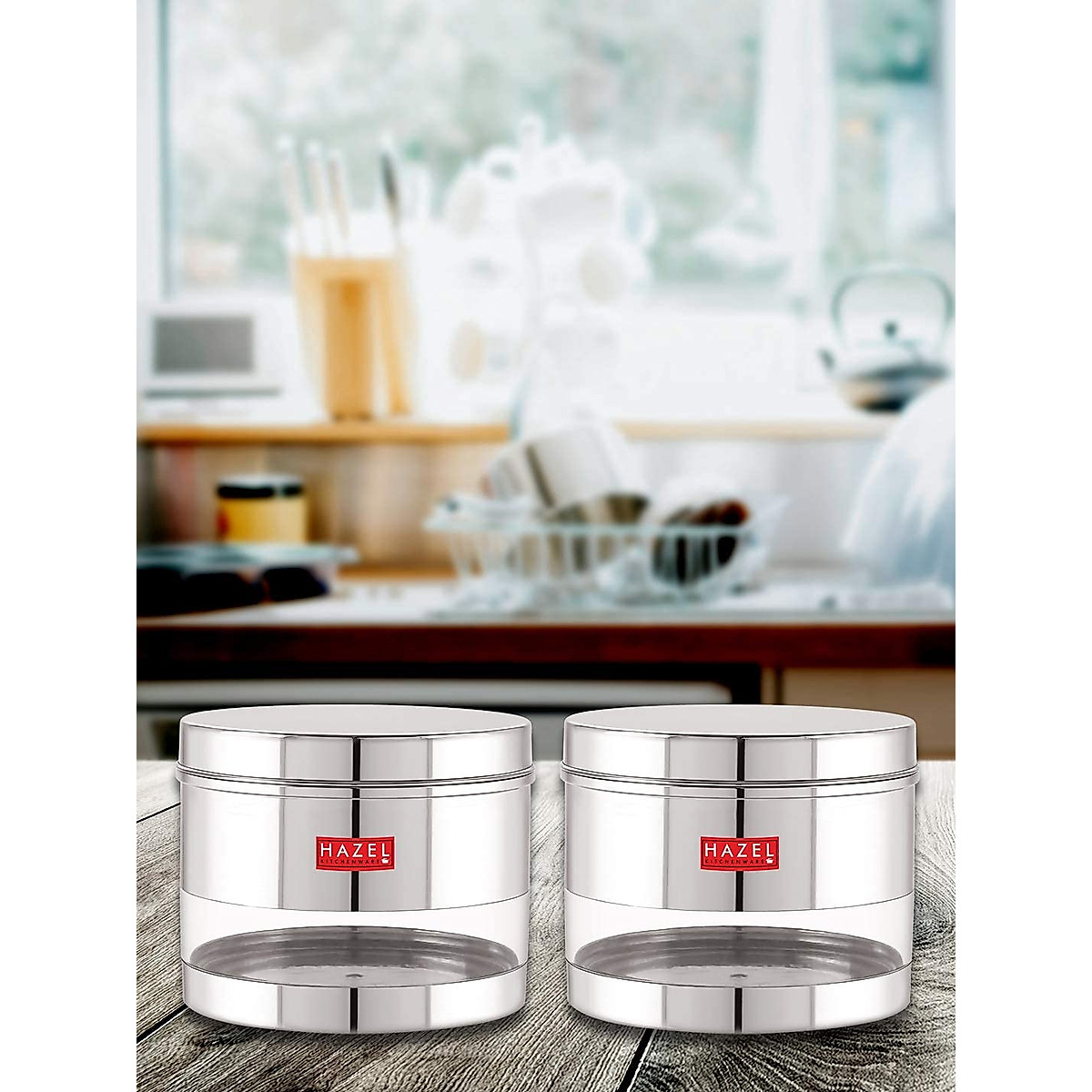 HAZEL Stainless Steel Containers Set For Kitchen Storage Glossy Finish Transparent See Through Storage Jars Dabba, Set of 2, 1500 ML Each, Silver