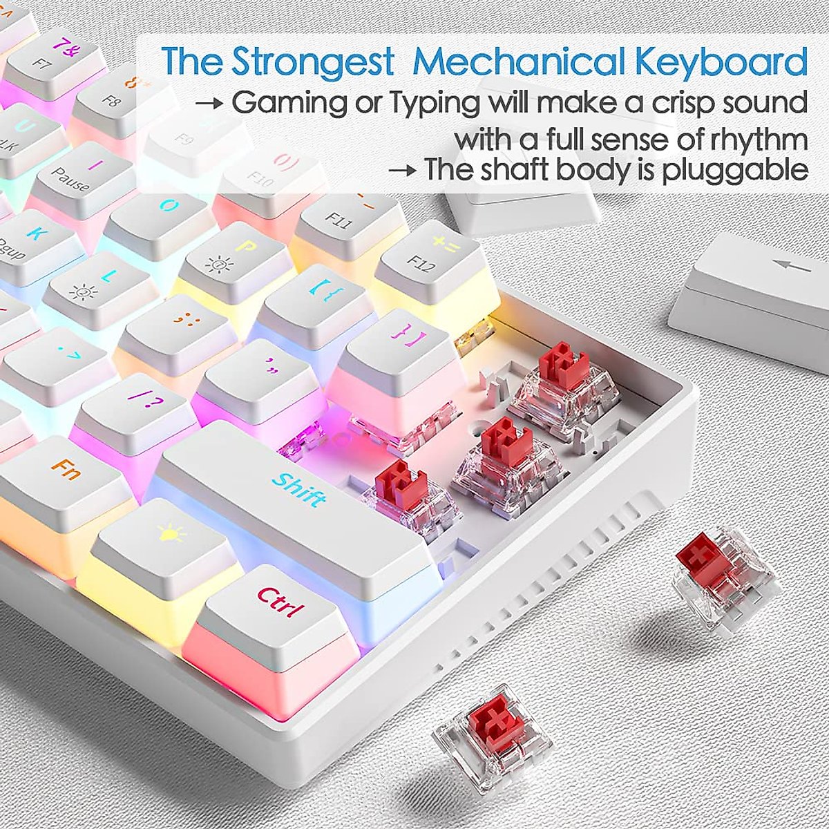 abucow Mechanical Keyboard Wired 60% Gaming Keyboard with 18 Style Colorful RGB Backlit Custom 63 Swappable keycaps (White&RGB)