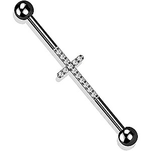 Titanium Industrial Barbell with Cross CNC Set Lined CZ (Black/Clear)