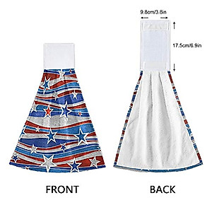 Red Blue Stars Memorial Day Kitchen Hanging Towel 12 x 17 Inch Wood 4Th of July Hand Tie Towels Set 2 Pcs Tea Bar Dish Cloths Dry Towel Soft Absorbent Durable for Bathroom Laundry Room Decor