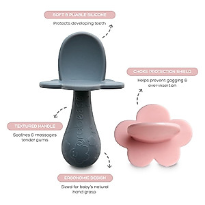 Grabease Baby Silicone Spoon Set for Baby-Led Weaning & First Stage Self-Feeding: Soft, Safe 100% Food-Grade Silicone; BPA-, PVC- Latex- & Phthalates-Free and Dishwasher Safe; Set of 2 (Blush, Gray)