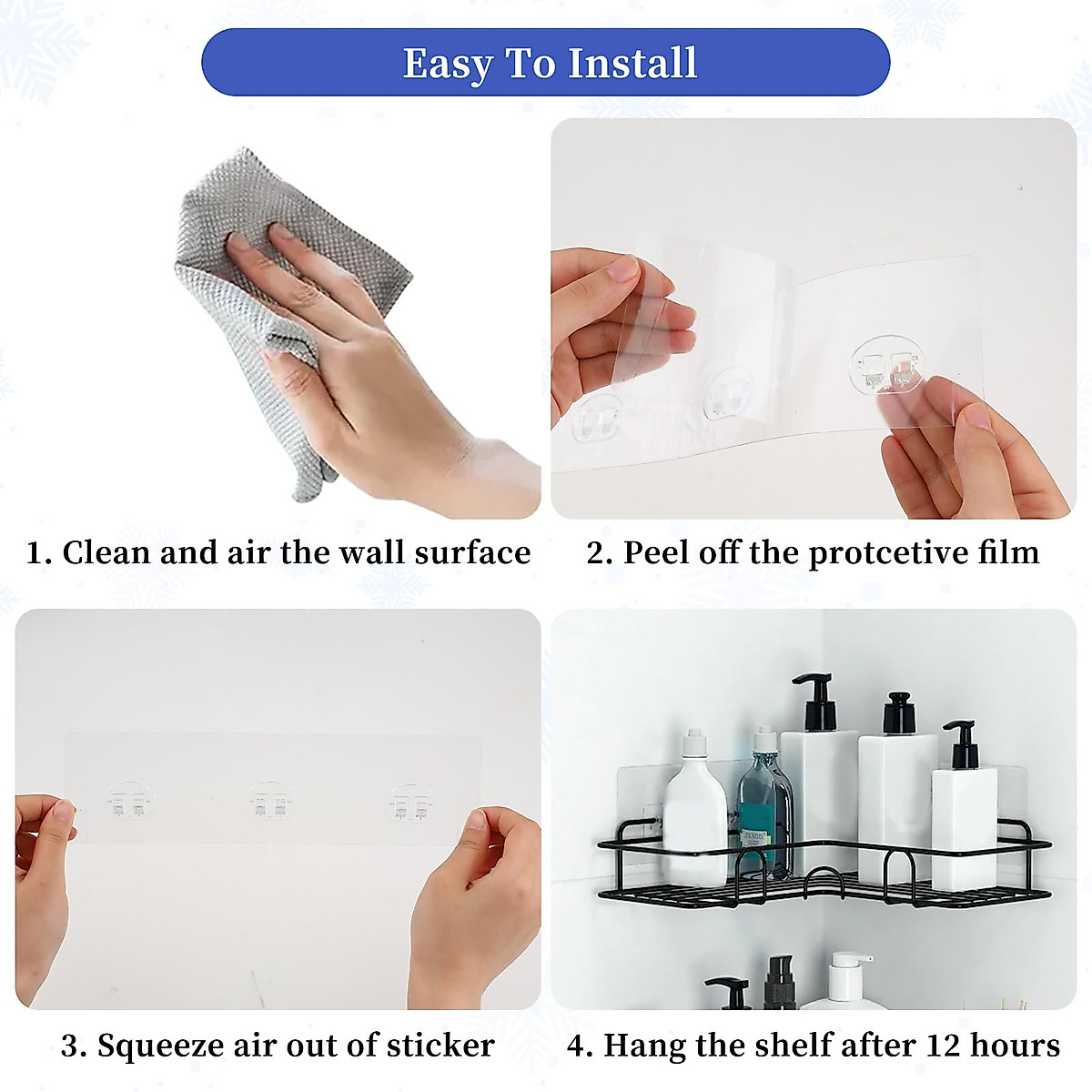 6 Pcs Shower Caddy Adhesive Replacement Shower Adhesive Hooks Waterproof Strong Adhesive Wall Hooks No Drilling Organizer for Bathroom Storage Shelves and Kitchen Racks
