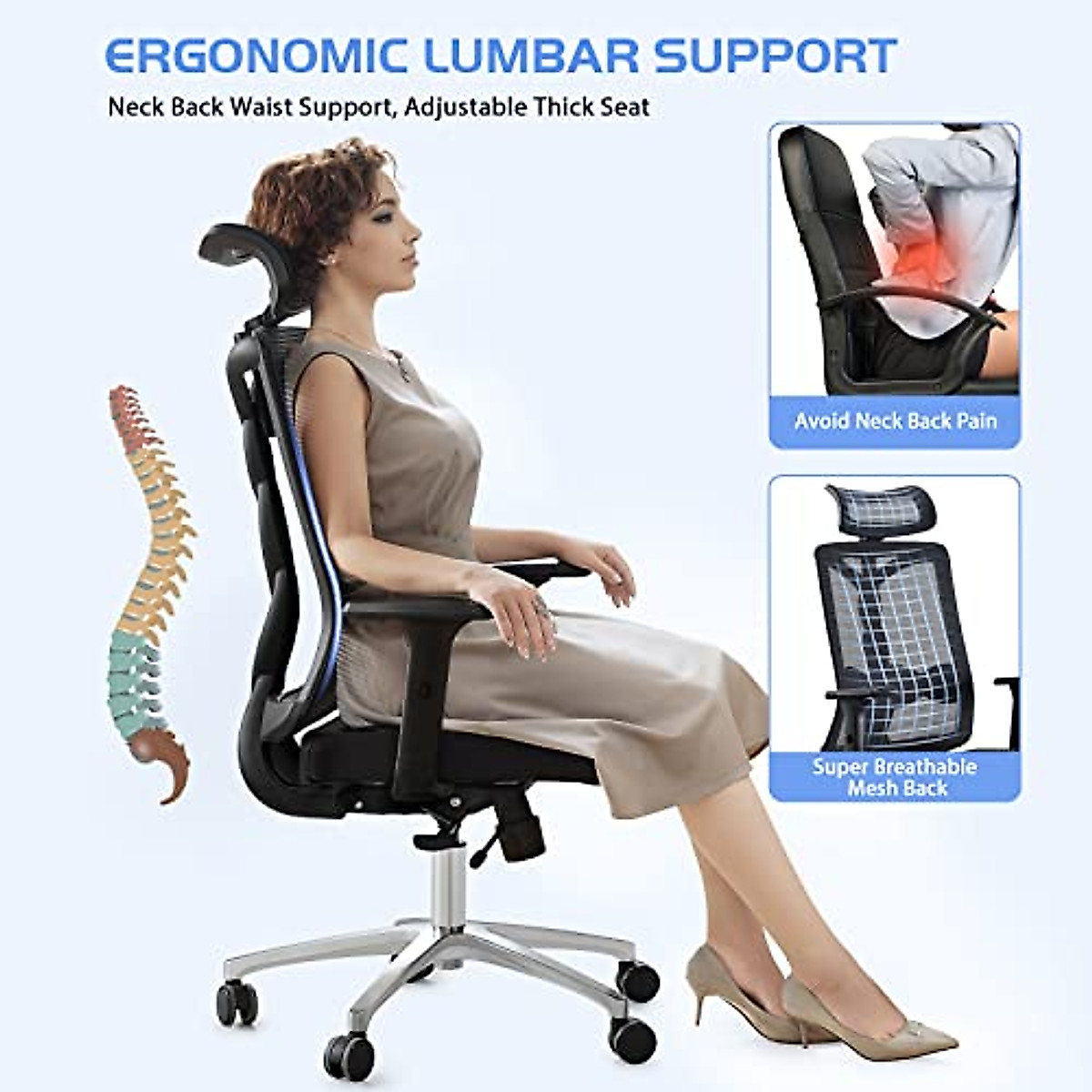 Office Chair Ergonomic,Computer Chair with Neck and Lumbar Support,Mesh Office Chair with Adjustable Headrest,Backrest,Armrest & Seat Depth,Thick Seat Cushion,Office Chairs for Home Office,Black